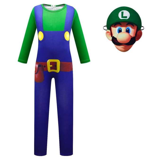 Boys Super Mario Bros Luigi Costume - Bodysuit Mask Gloves Set Luigi ...