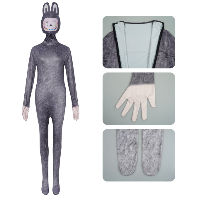 Labubu The Monsters Hidden ID Costume - Grey Bodysuit Mask Set Grey ...